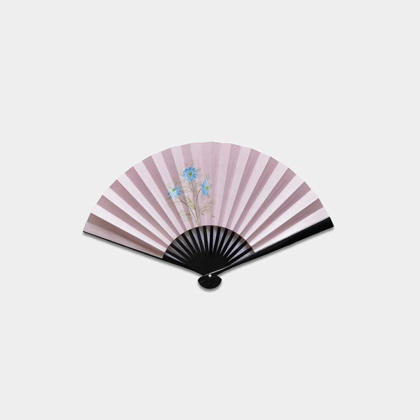 [Hand Fan] Hand-Drawing Picture FLOWER Blue Pink Black Lacquer For Lad ...